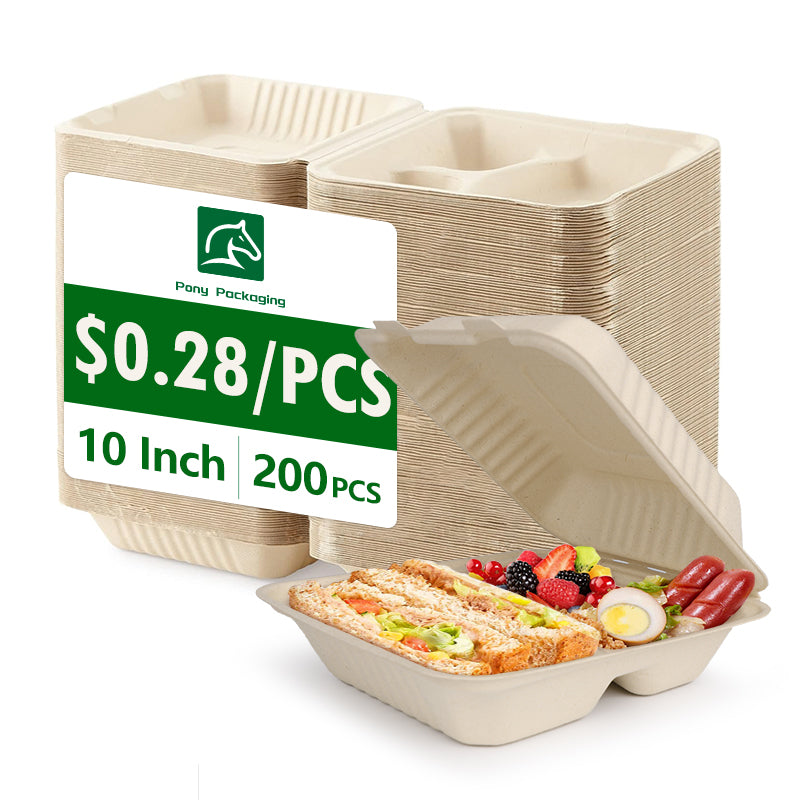 10"x10"x3" 3 Compartment Compostable Clamshell Containers PFAS Free 20 ...