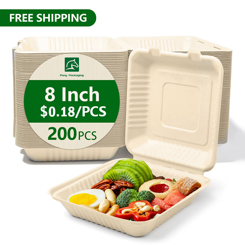 8"x8"x3" Clamshell Takeout Food Containers 200 pcs – Pony Packaging