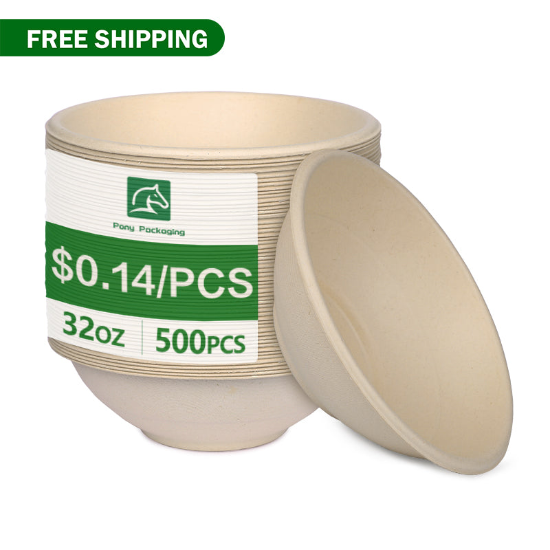 32 oz Compostable Bowls PFAS Free Heavy Duty 500 pcs – Pony Packaging