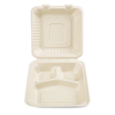 Sample 3 Compartment Clamshell Container Fiber 9 x 9 x 3 – Pony Packaging