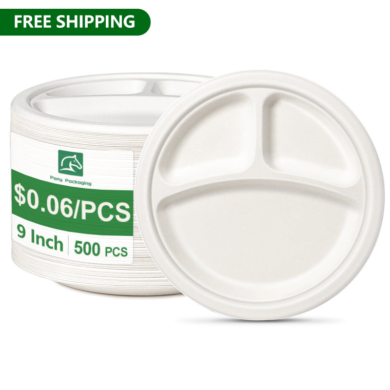 9" Round Plates 3 Compartments 125 pcs – Pony Packaging