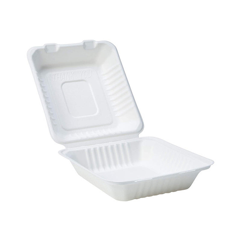 Sample Clamshell Container Sugarcane Fiber 8x8x3 – Pony Packaging